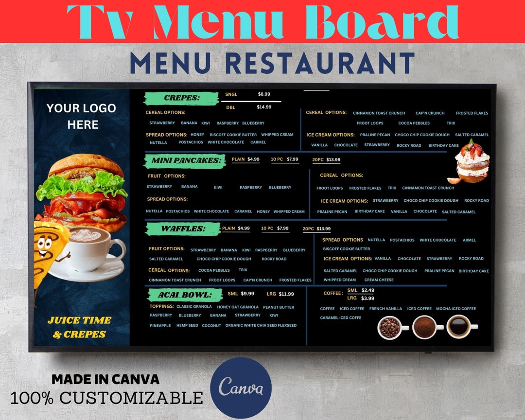 Restaurant Food Tv Menu Board , DIY Business Menu Template, Editable ...