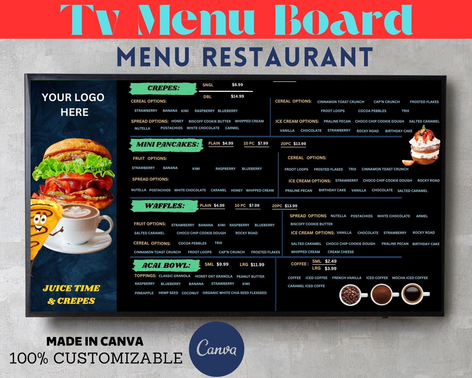 Restaurant Food Tv Menu Board , DIY Business Menu Template, Editable ...