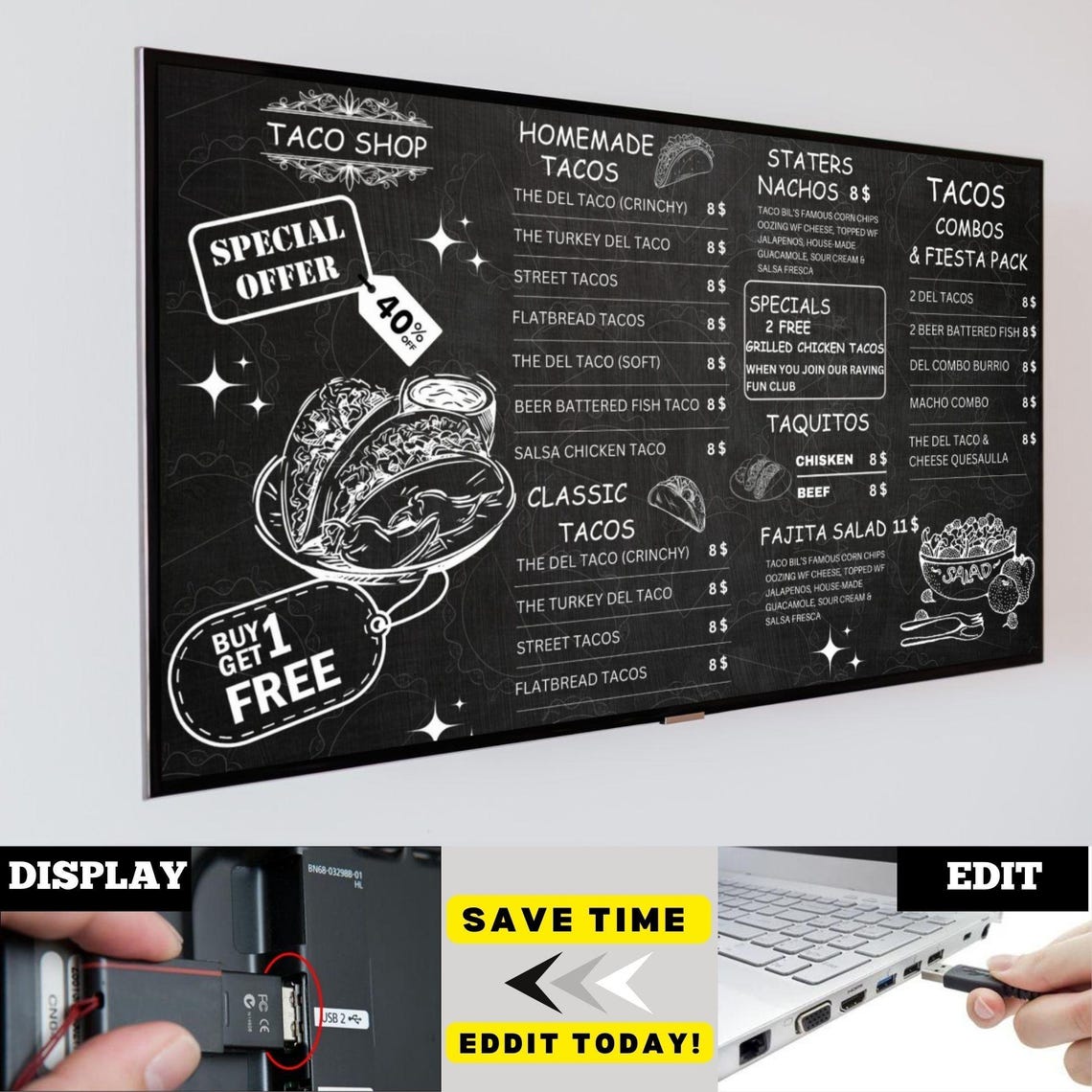 Tacos Restaurant Menu Board: Editable Canva Template (digital Download ...
