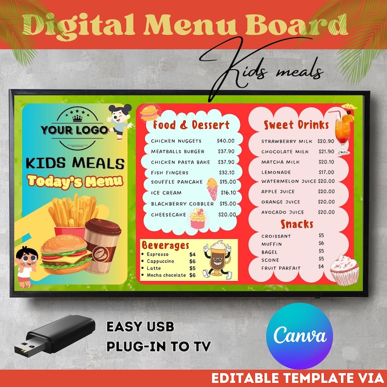 TV Menu Board for Kids, Kids Menu Board for TV, Children's Menu Display ...