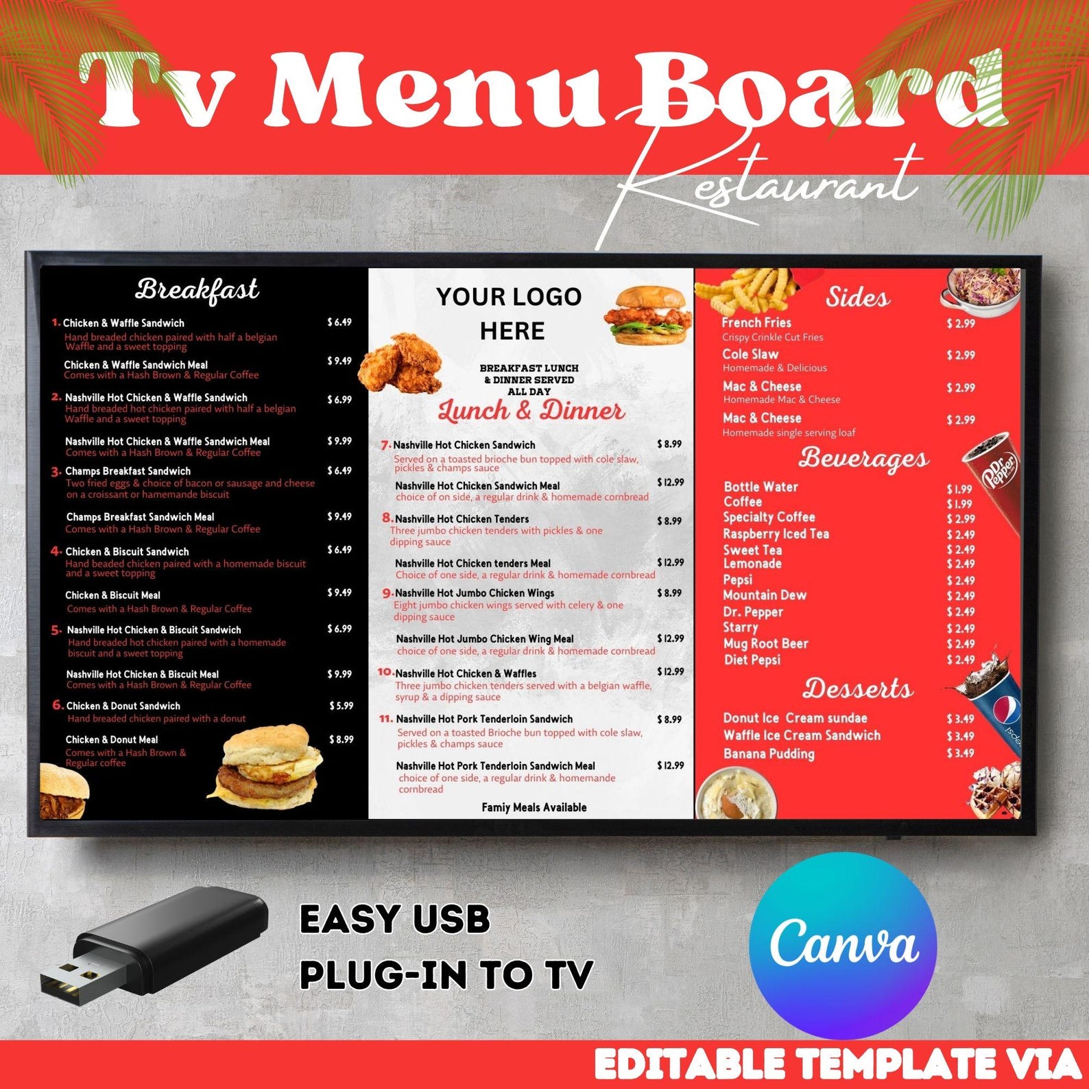 Restaurant TV Menu Board Template: Minimalist Design, Editable Canva ...