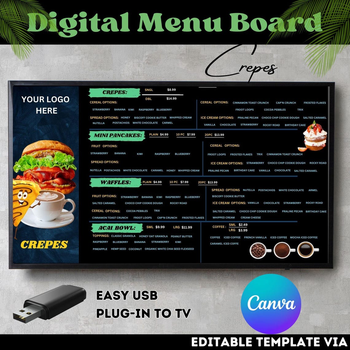 Restaurant Food Tv Menu Board , DIY Business Menu Template, Editable ...
