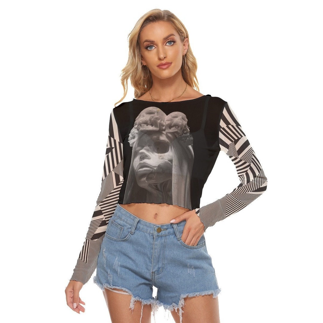 Skull Queen Sheer Crop Top, Women's Mesh Long Sleeves T-shirt, Grunge ...