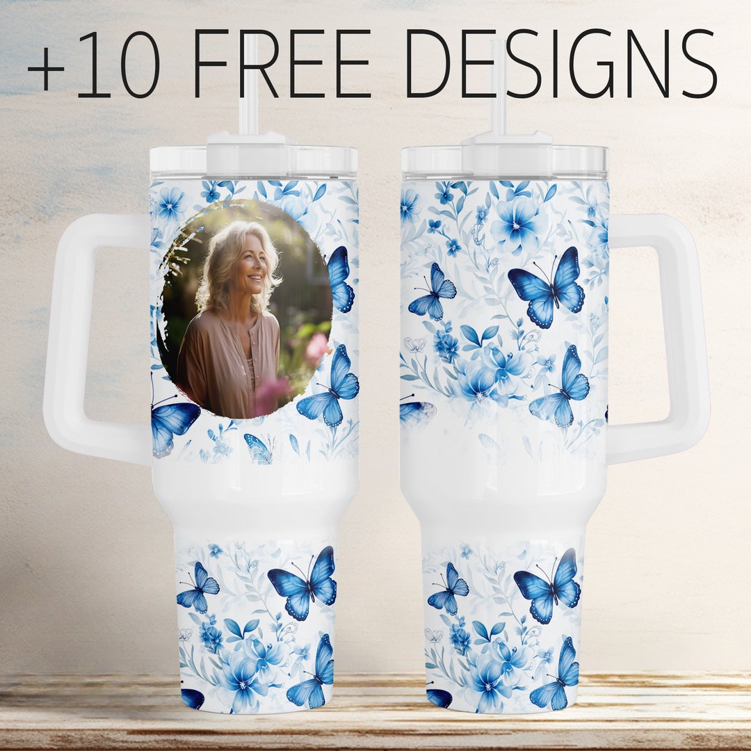Copo Fotográfico Borboletas Azuis Copo 40OZ Png Dia das Mães Designs de ...