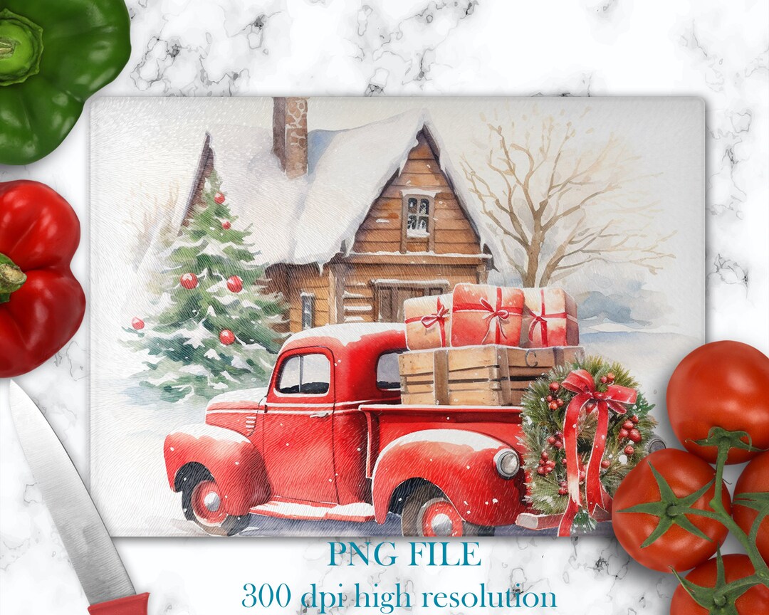 Cutting Board Template With Red Truck, Christmas Sublimation Designs ...