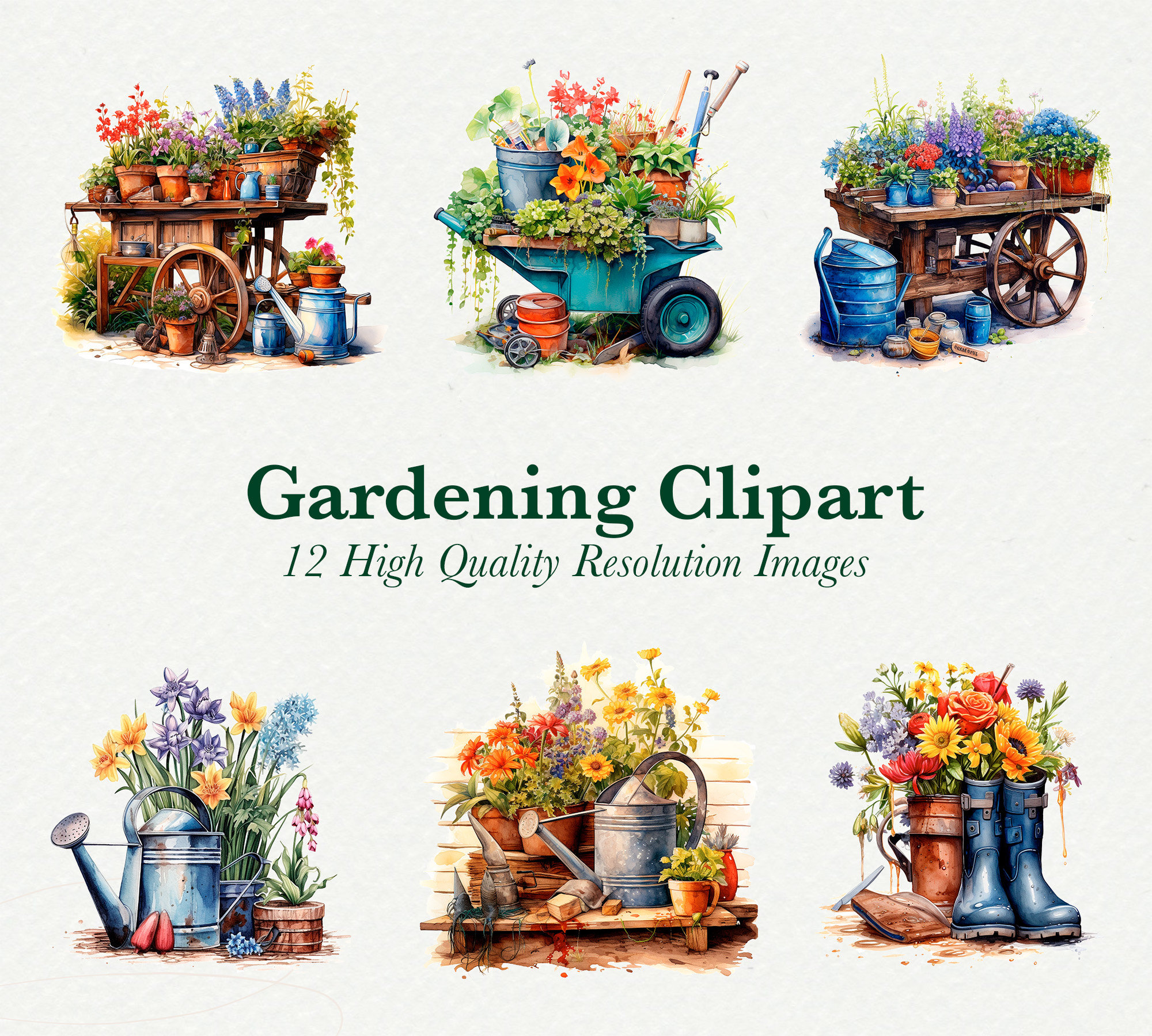 Gardening Clipart Bundle, Watercolor Flowers Clipart, Garden Tools ...