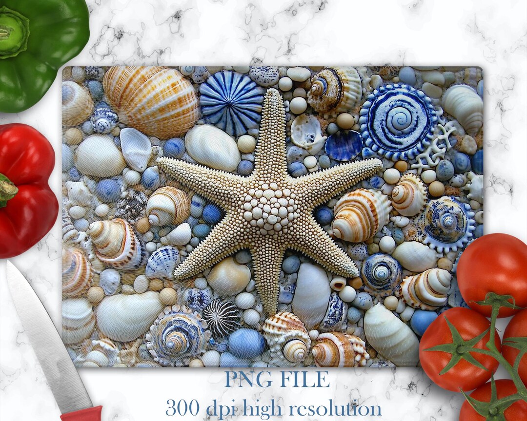 Glass Cutting Board Png With Sea Shells, Sublimation Designs, Glass ...