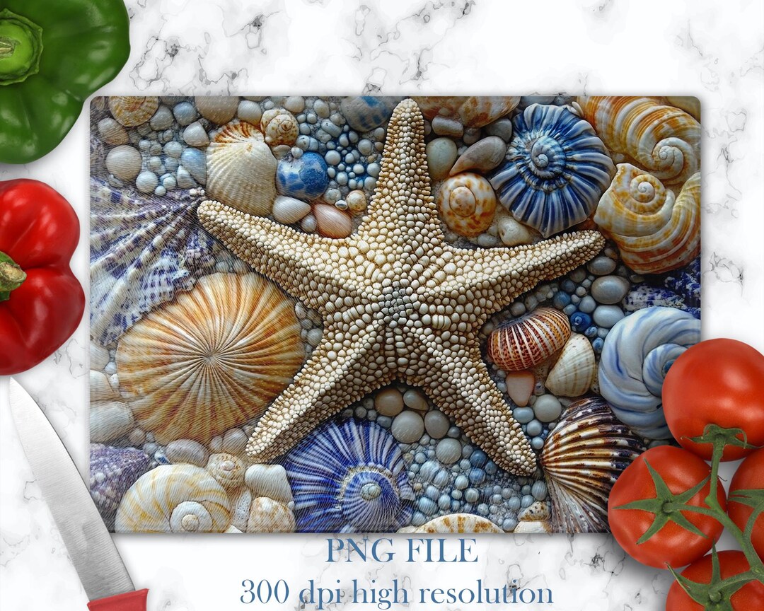 Cutting Board Png With Sea Shells, Coastal Sublimation Designs, Glass ...
