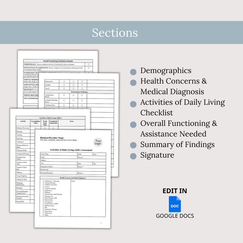 ADL Assessment, Activities of Daily Living Checklist, Care Plan, OT ...