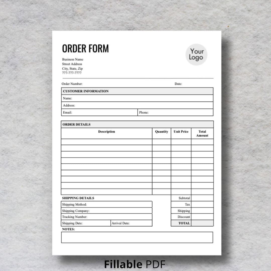 Order Form Template Fillable PDF Form, Order Forms for Small Business ...