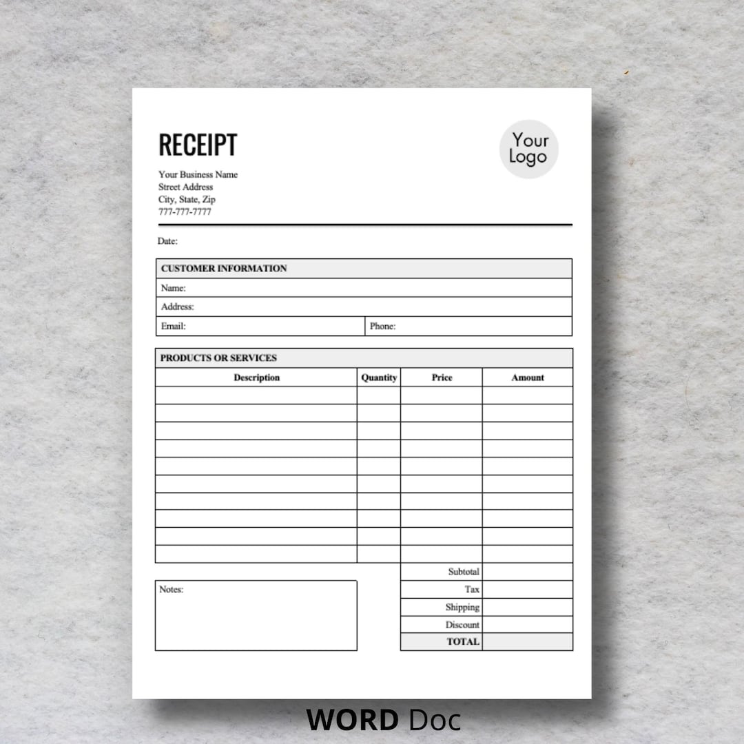 Receipt Template Editable WORD Doc Form, Printable Receipt, Google Doc ...