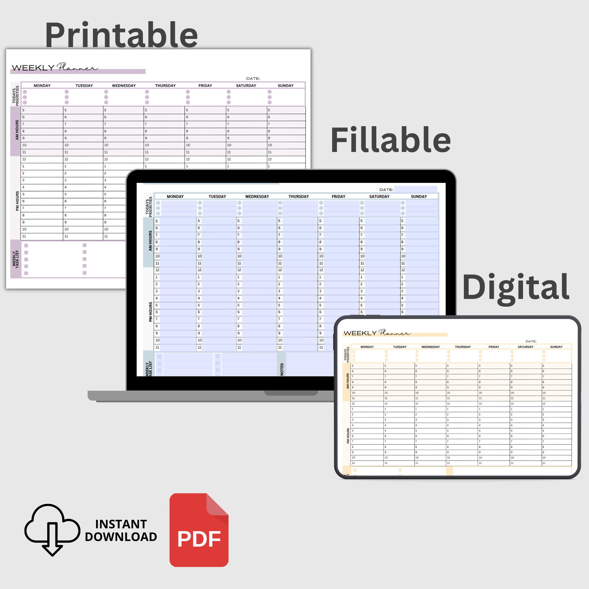 Weekly Hourly Planner Fillable PDF Weekly Schedule to Do - Etsy