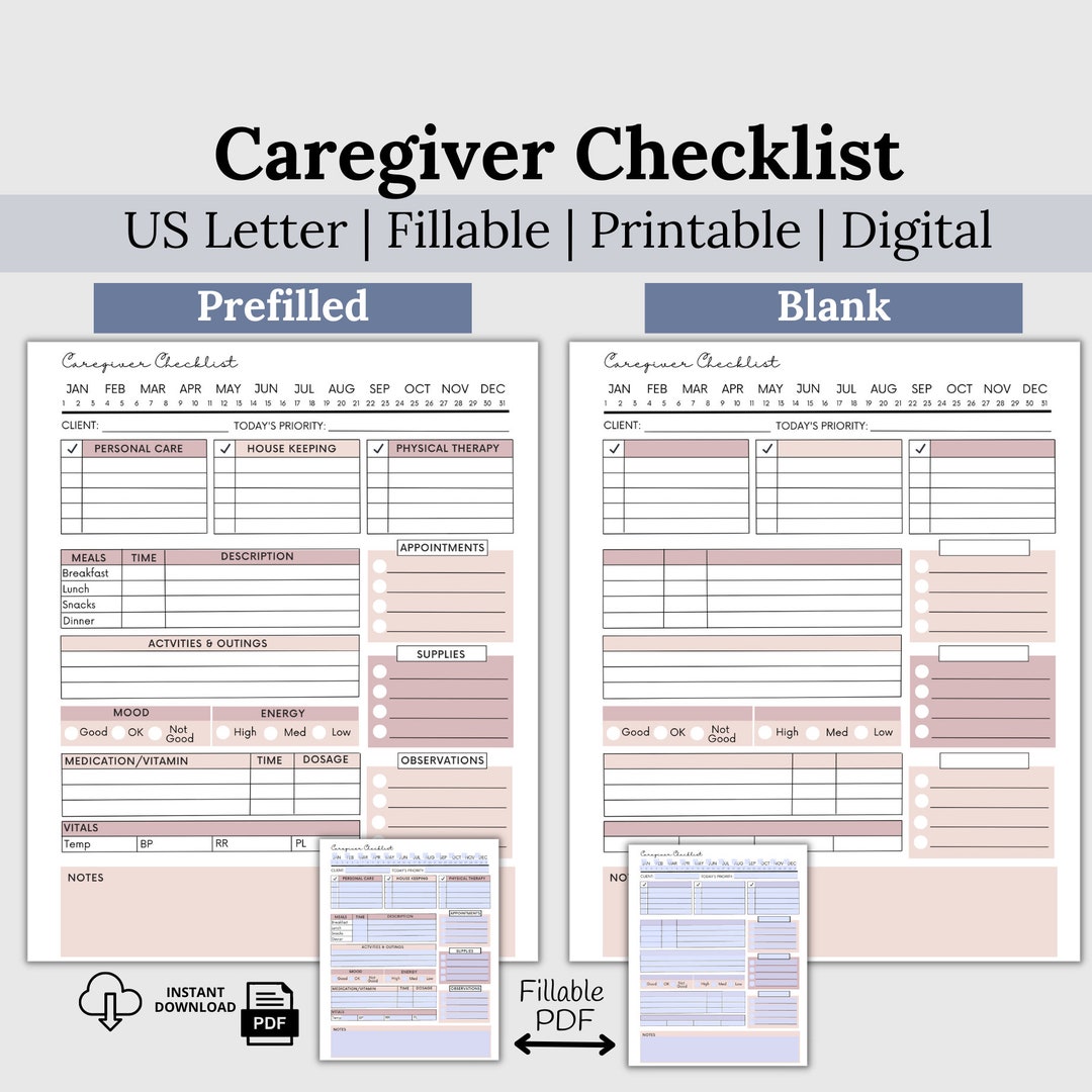 Caregiver Checklist, Home Care Visit Report Form, Daily Log, Fillable ...