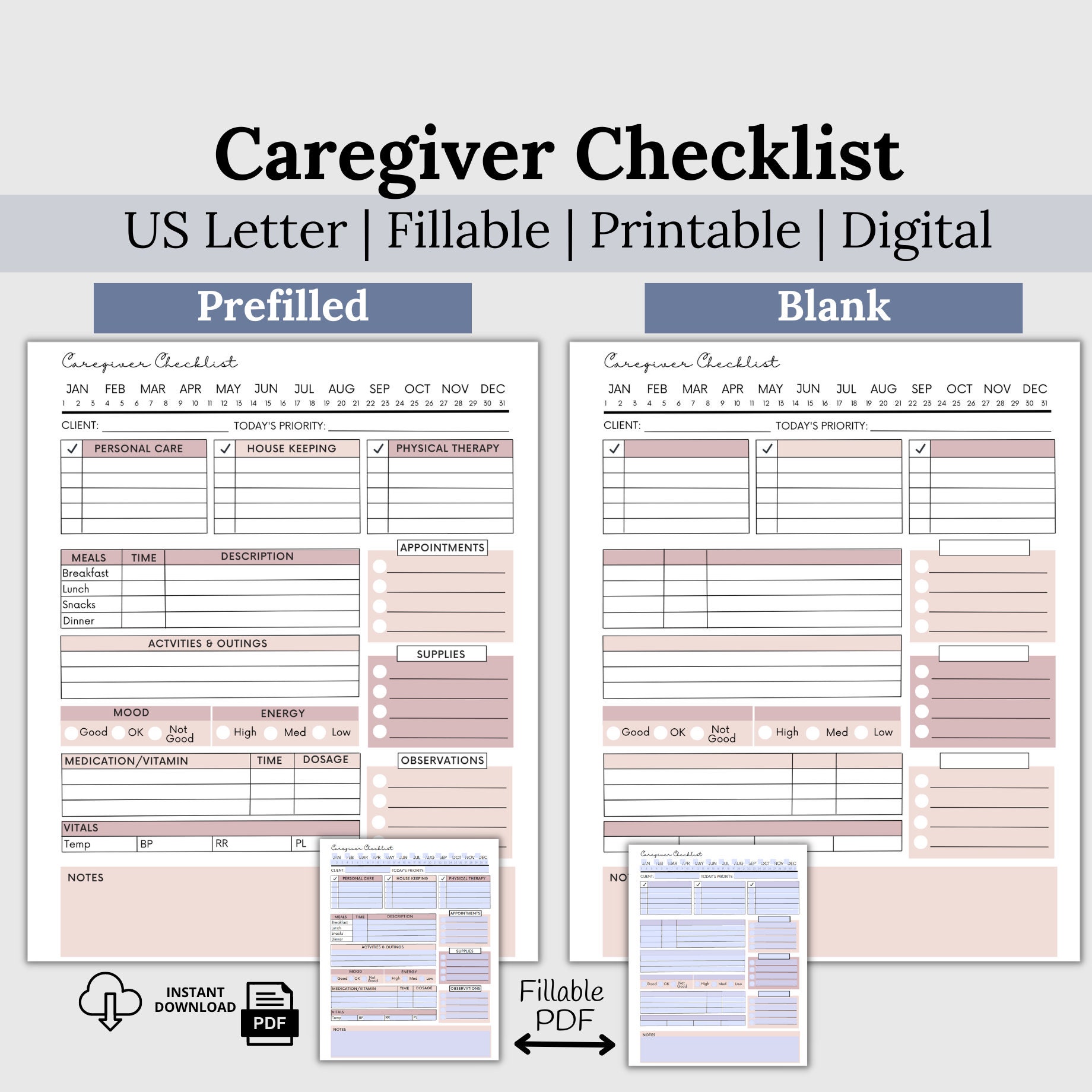 Caregiver Checklist, Home Care Visit Report Form, Daily Log, Fillable ...