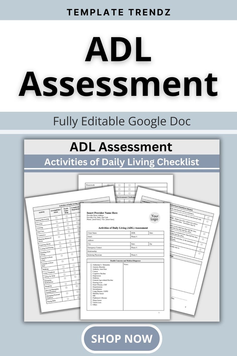 ADL Assessment, Activities of Daily Living Checklist, Care Plan, OT ...