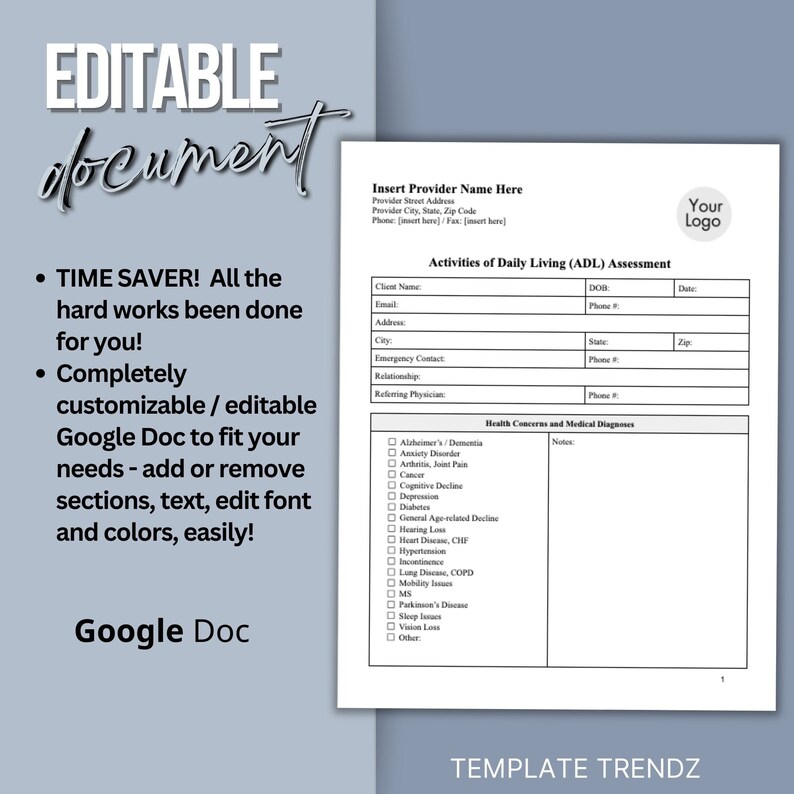 ADL Assessment, Activities of Daily Living Checklist, Care Plan, OT ...