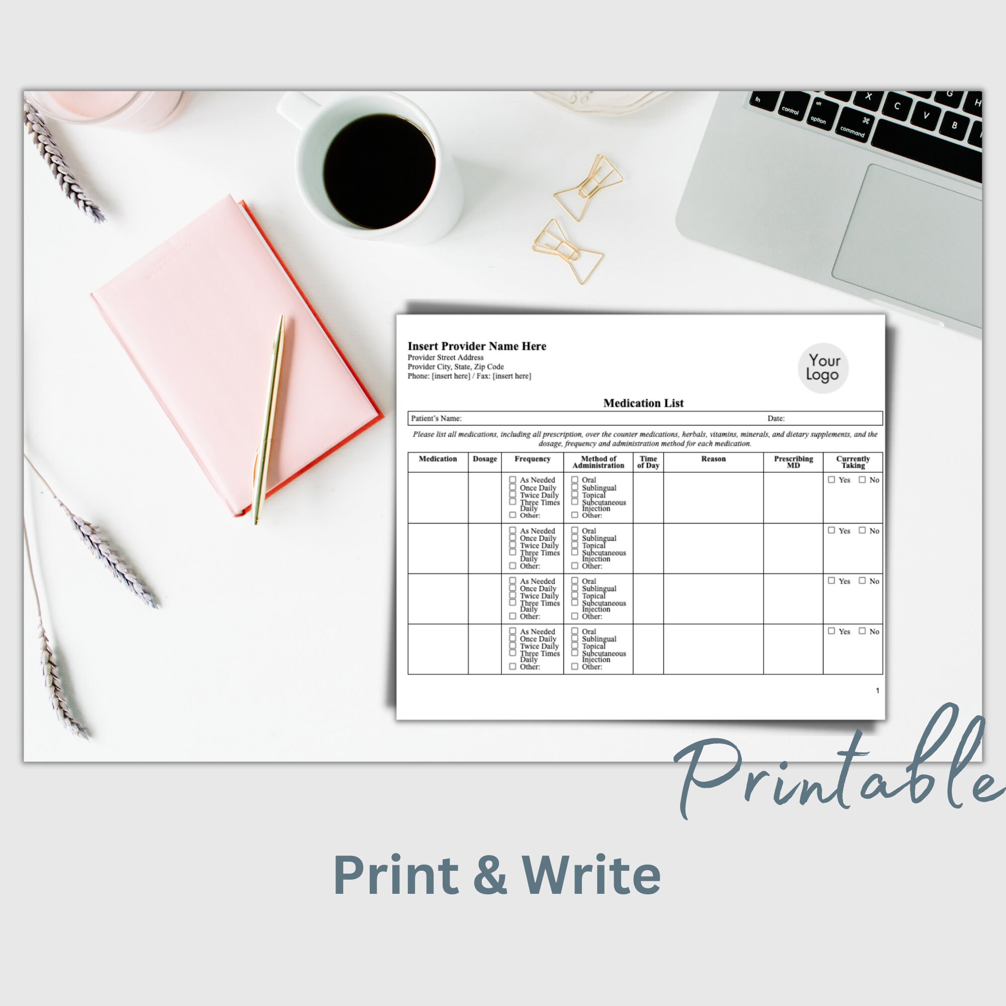 Patient Medication Intake Form for Medical Office, Patient Information ...