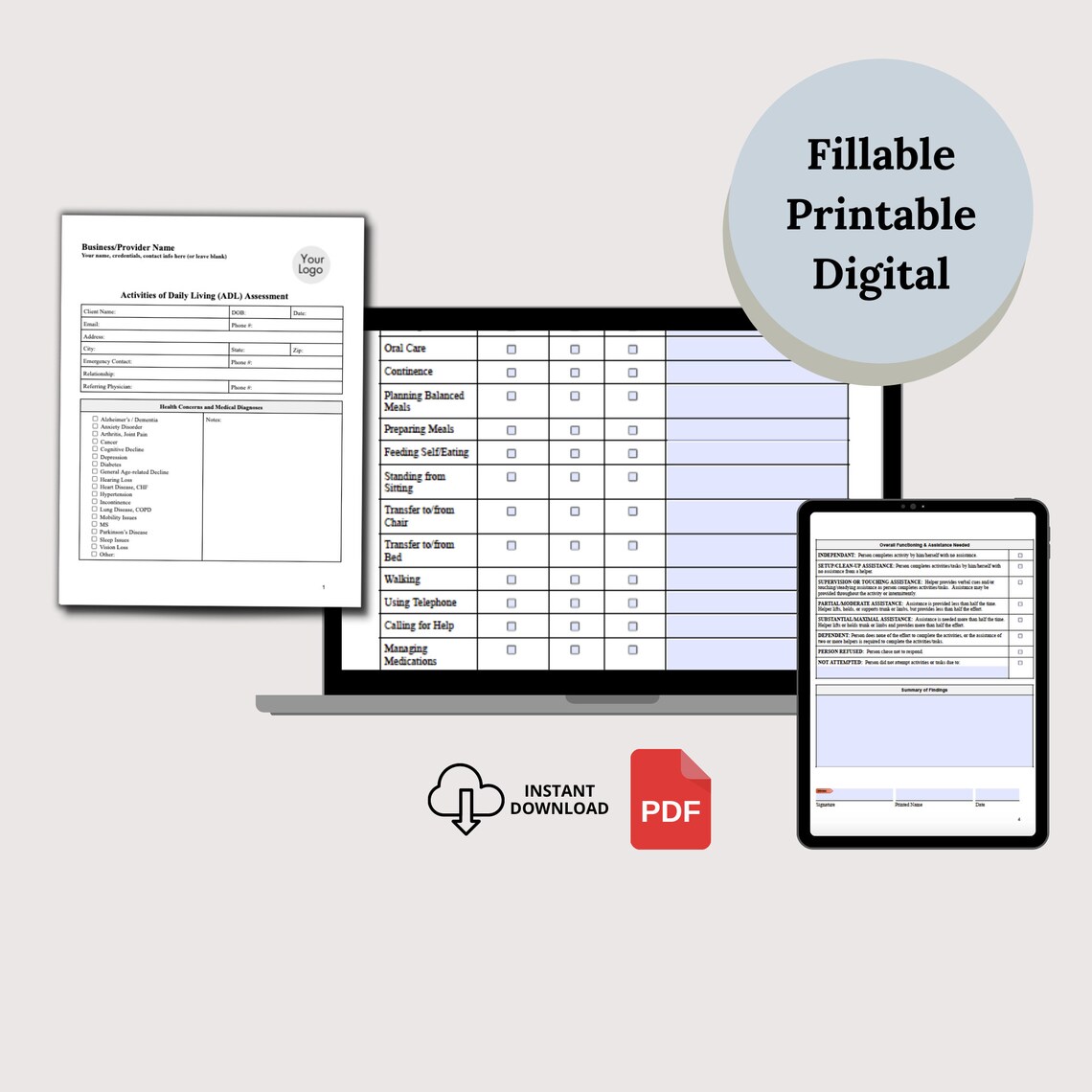 ADL Assessment, Activities of Daily Living Checklist, Care Plan, OT ...