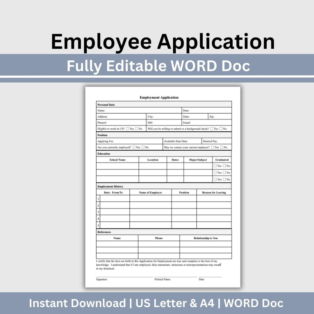 Job Application Template, Fully Editable WORD Doc, HR Template, 1 Page ...