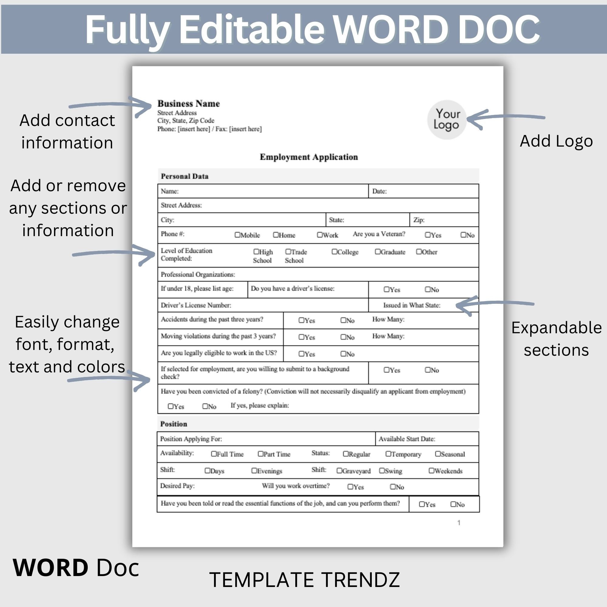 Employment Application Template, New Hire Application Form, Employee ...