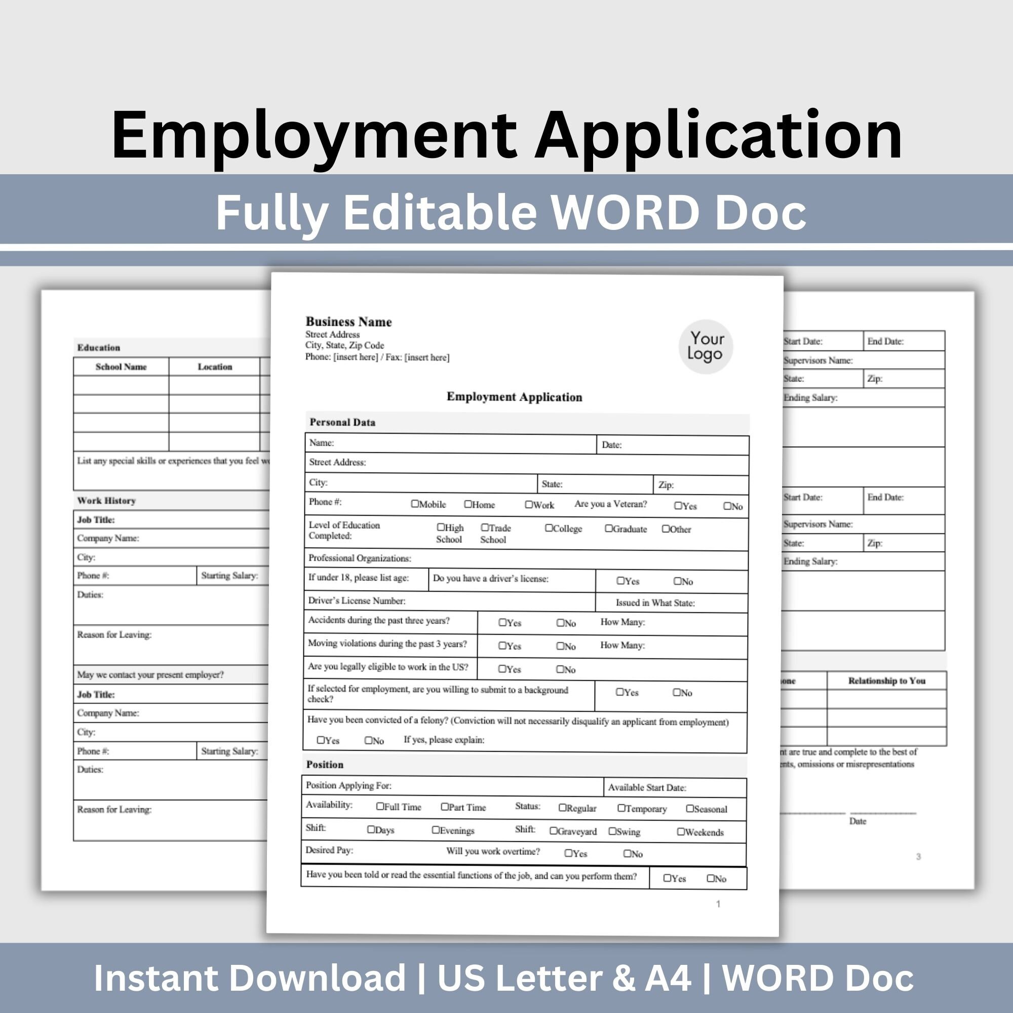 Employment Application Template, New Hire Application Form, Employee ...