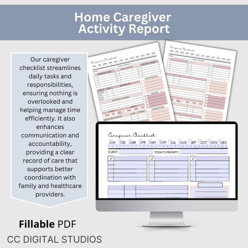 Caregiver Checklist, Home Care Visit Report Form, Daily Log, Fillable ...