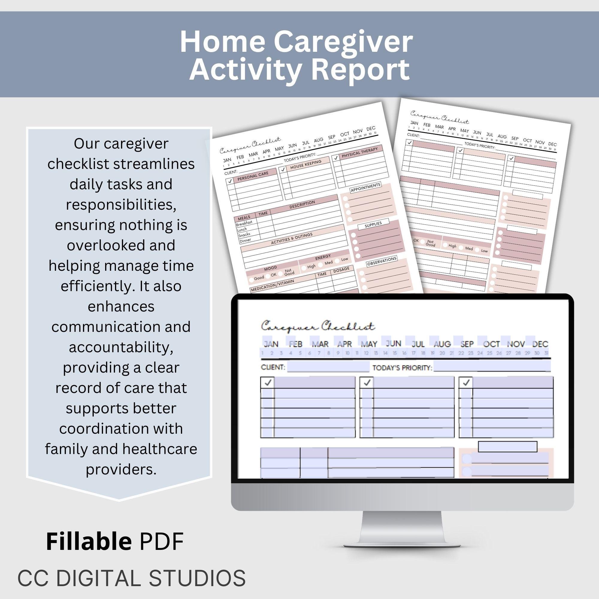 Caregiver Checklist, Home Care Visit Report Form, Daily Log, Fillable ...