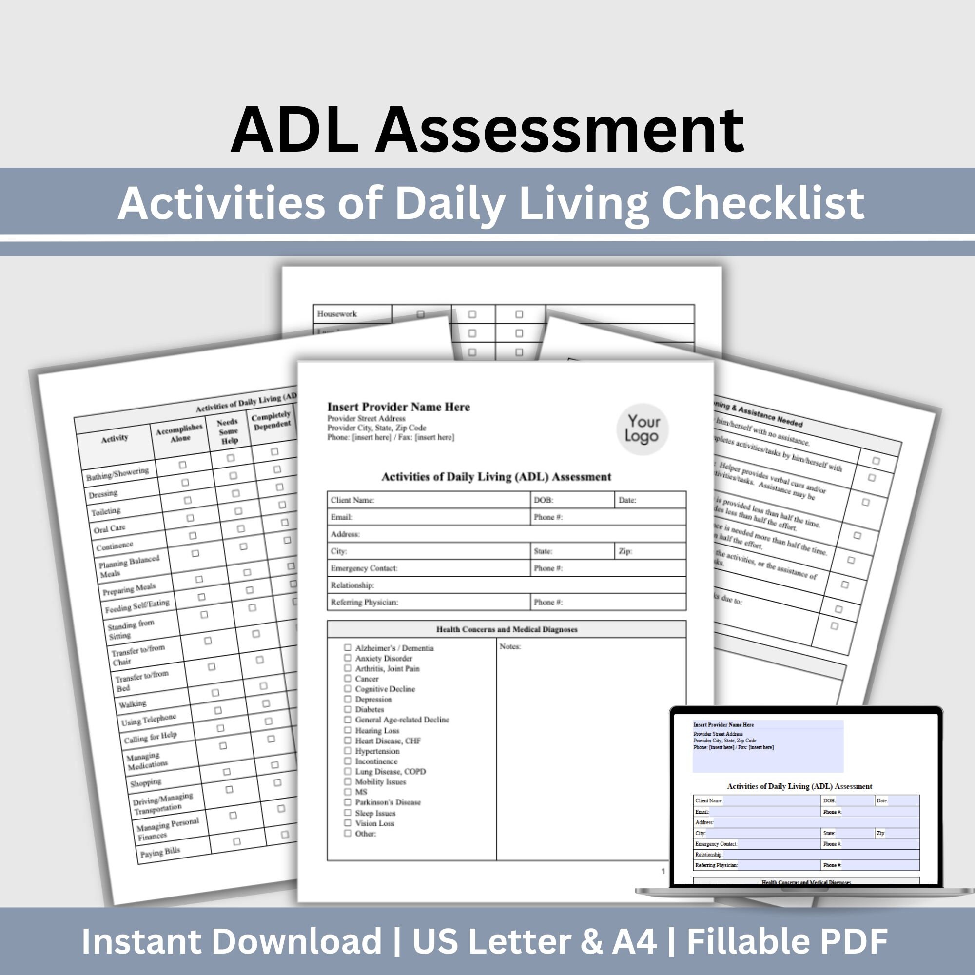 ADL Assessment, Activities of Daily Living Checklist, Care Plan, OT ...