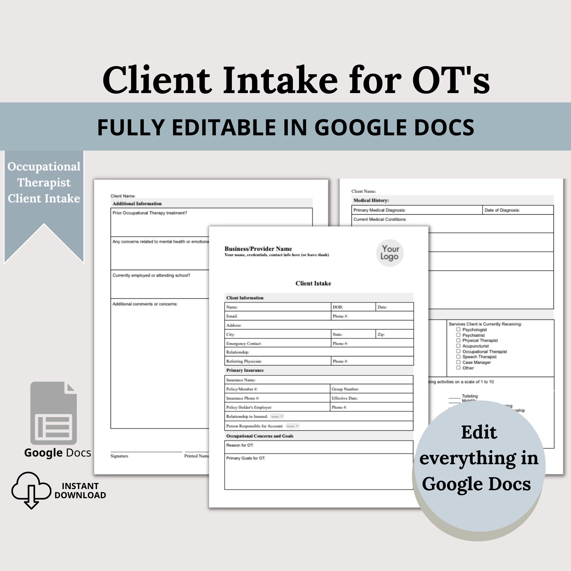 EDITABLE Client Intake for Occupational Therapists, OT Client Intake ...