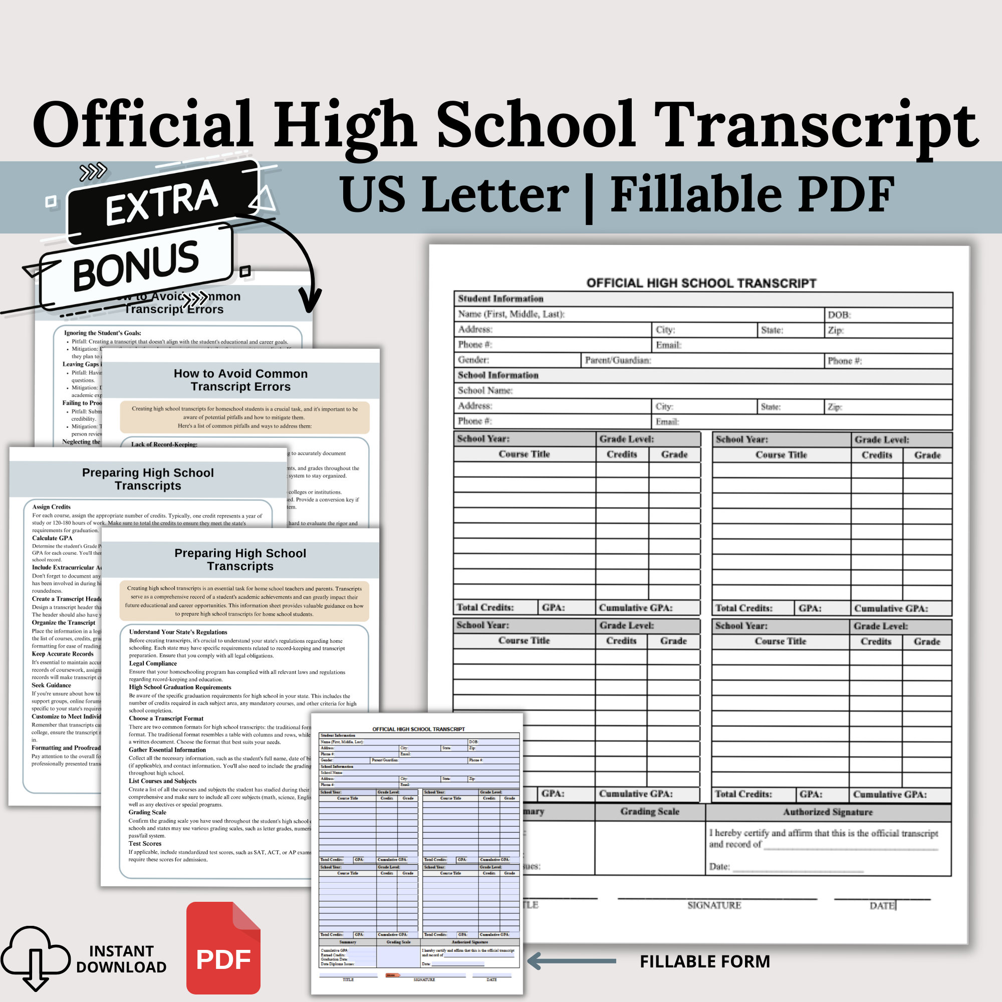 High School Transcript, Fillable Homeschool Report Card, Homeschool ...