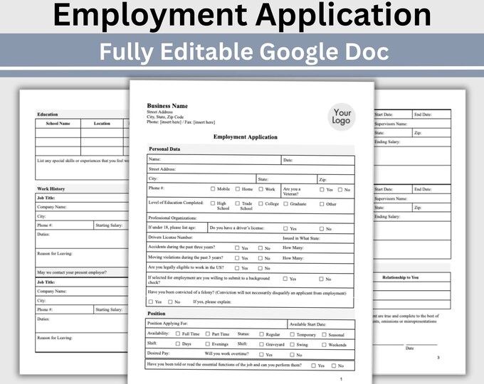 Job Application Printable, Employment Form, Employer Document, Work ...