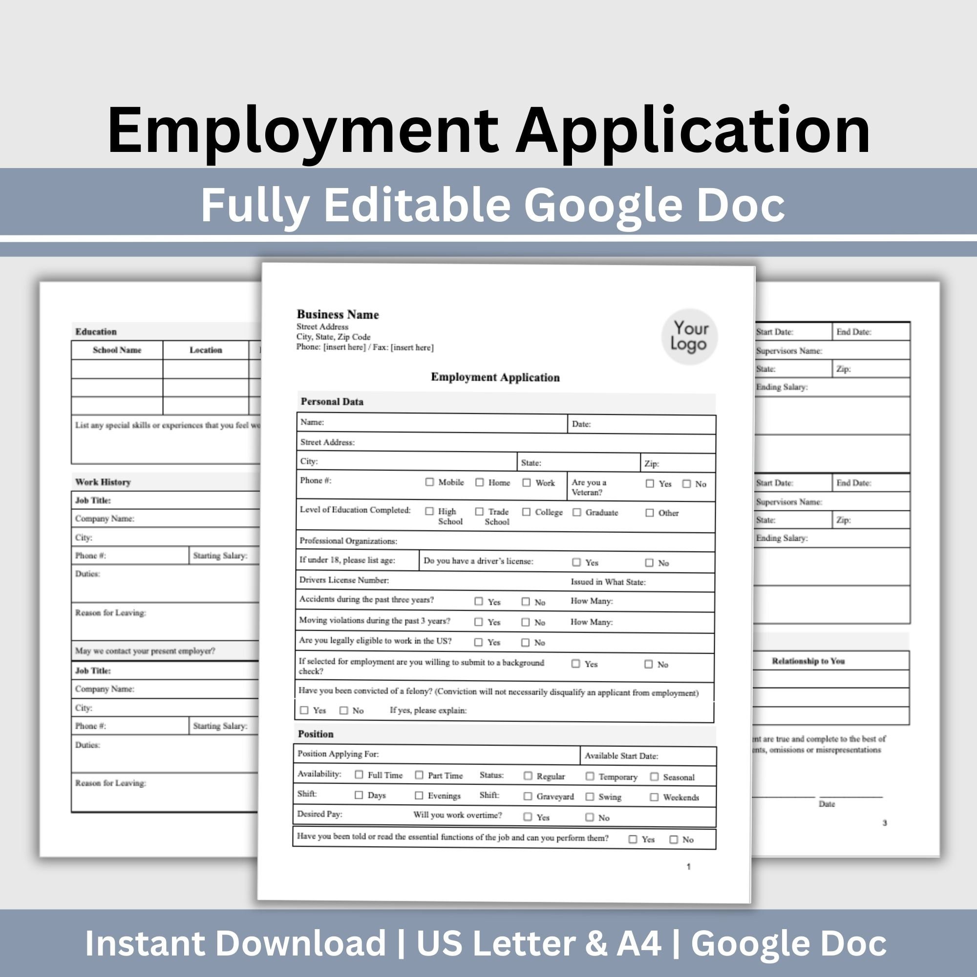Job Application Template, Fully Editable Google Doc, HR Template ...