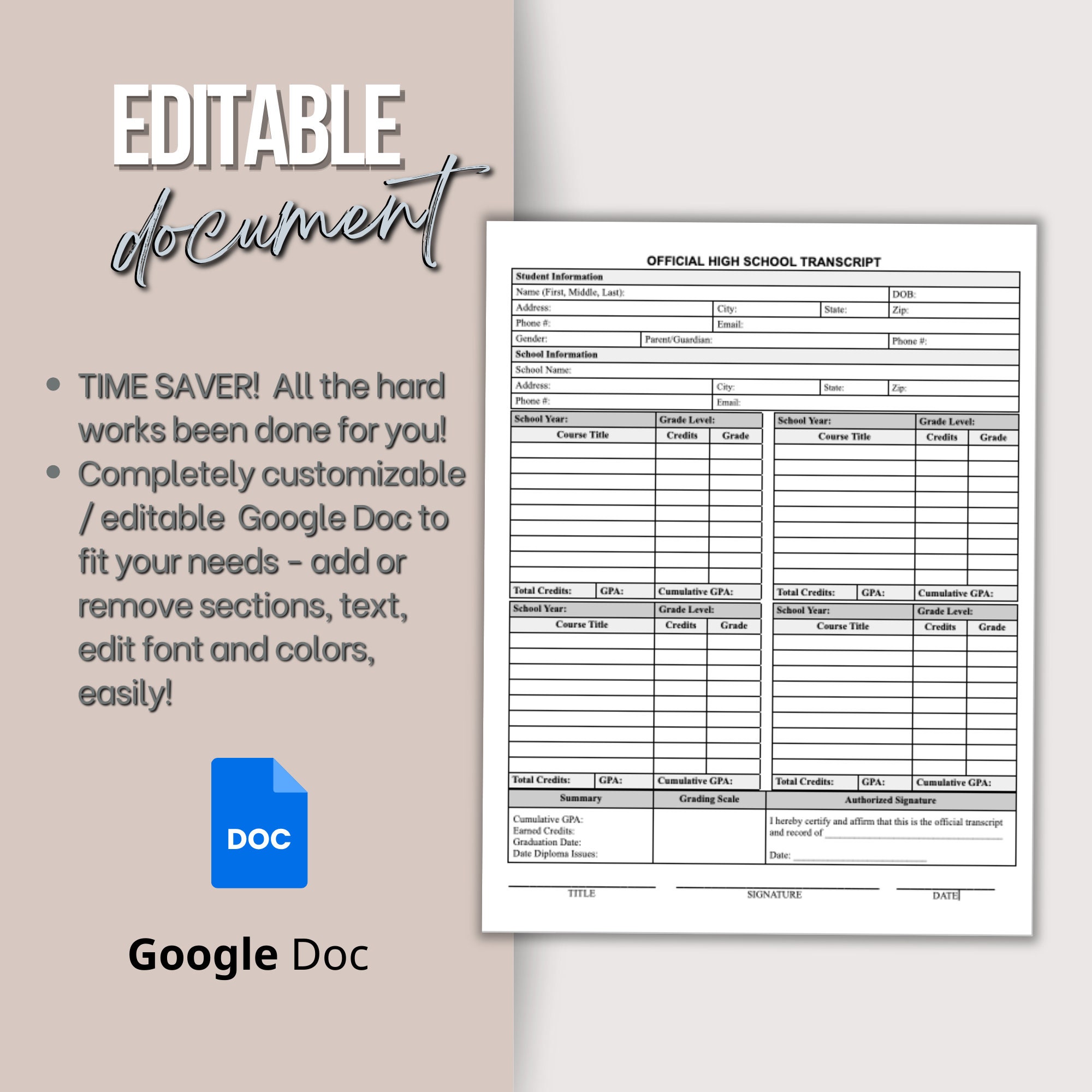 High School Transcript, Editable Google Doc Homeschool Report Card ...