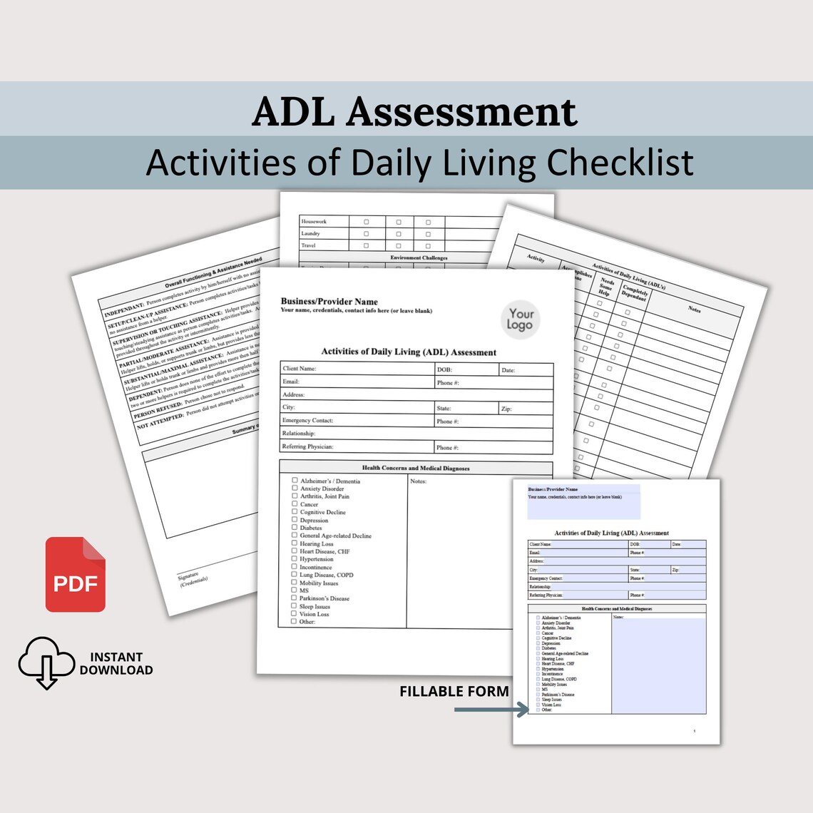 ADL Assessment, Activities of Daily Living Checklist, Care Plan, OT ...