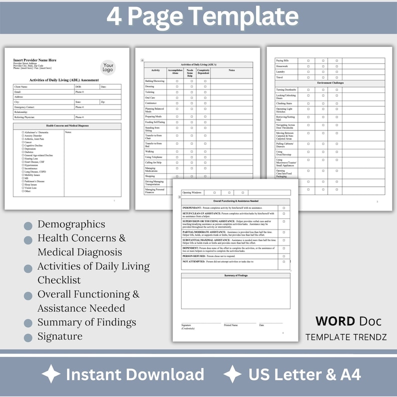 ADL Assessment, Activities of Daily Living Checklist, Care Plan, OT ...
