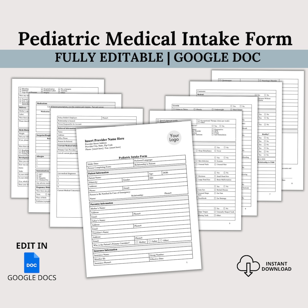EDITABLE Pediatric Medical Intake Form, Pediatric Clinic New Patient ...