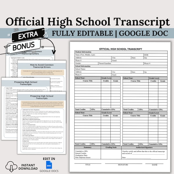 High School Transcript Template - Etsy
