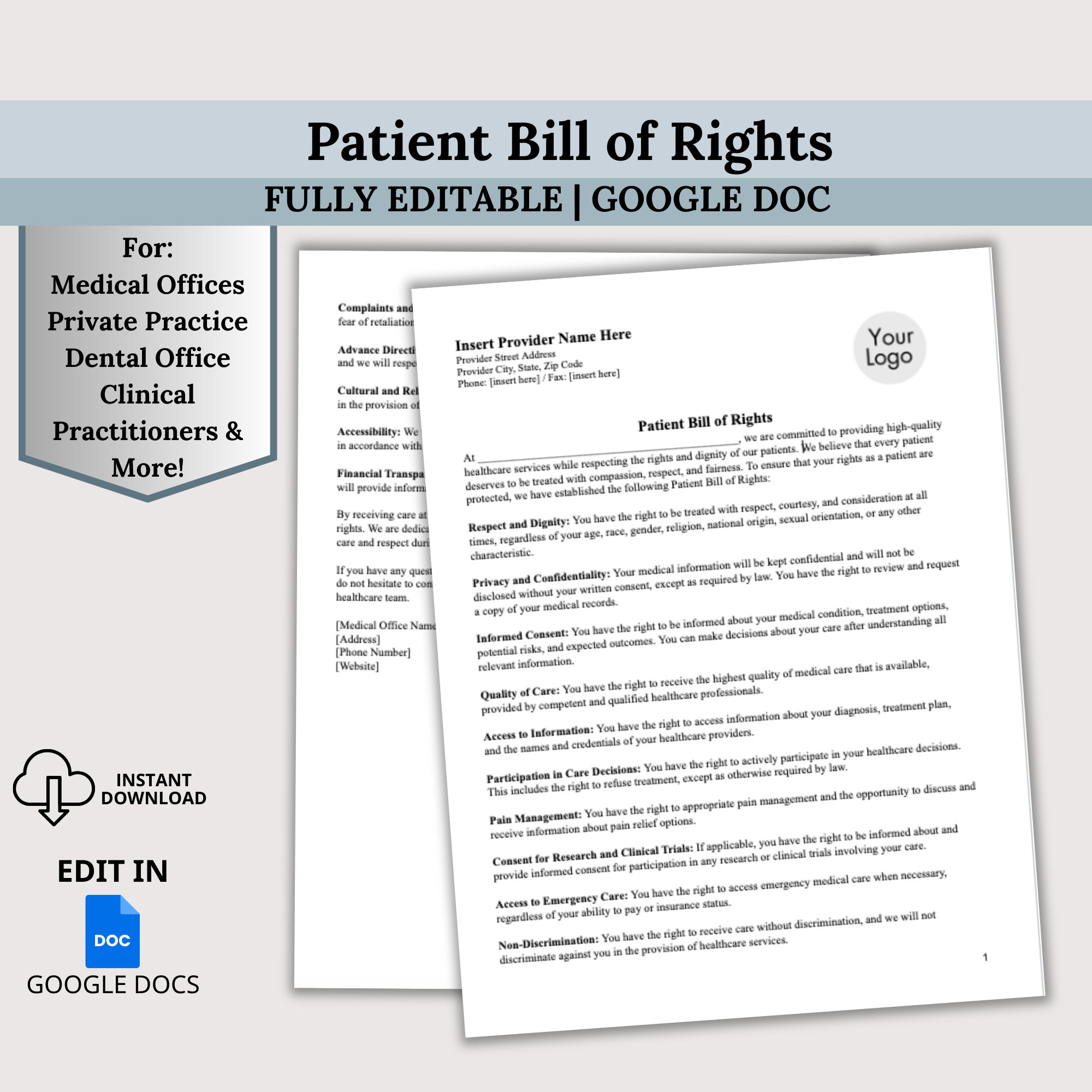 Patient Bill of Rights Healthcare Template, Editable Google Doc ...