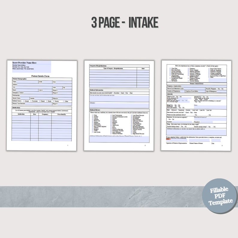 Patient Intake for Medical Office, Fillable PDF, Medical Forms, Health ...