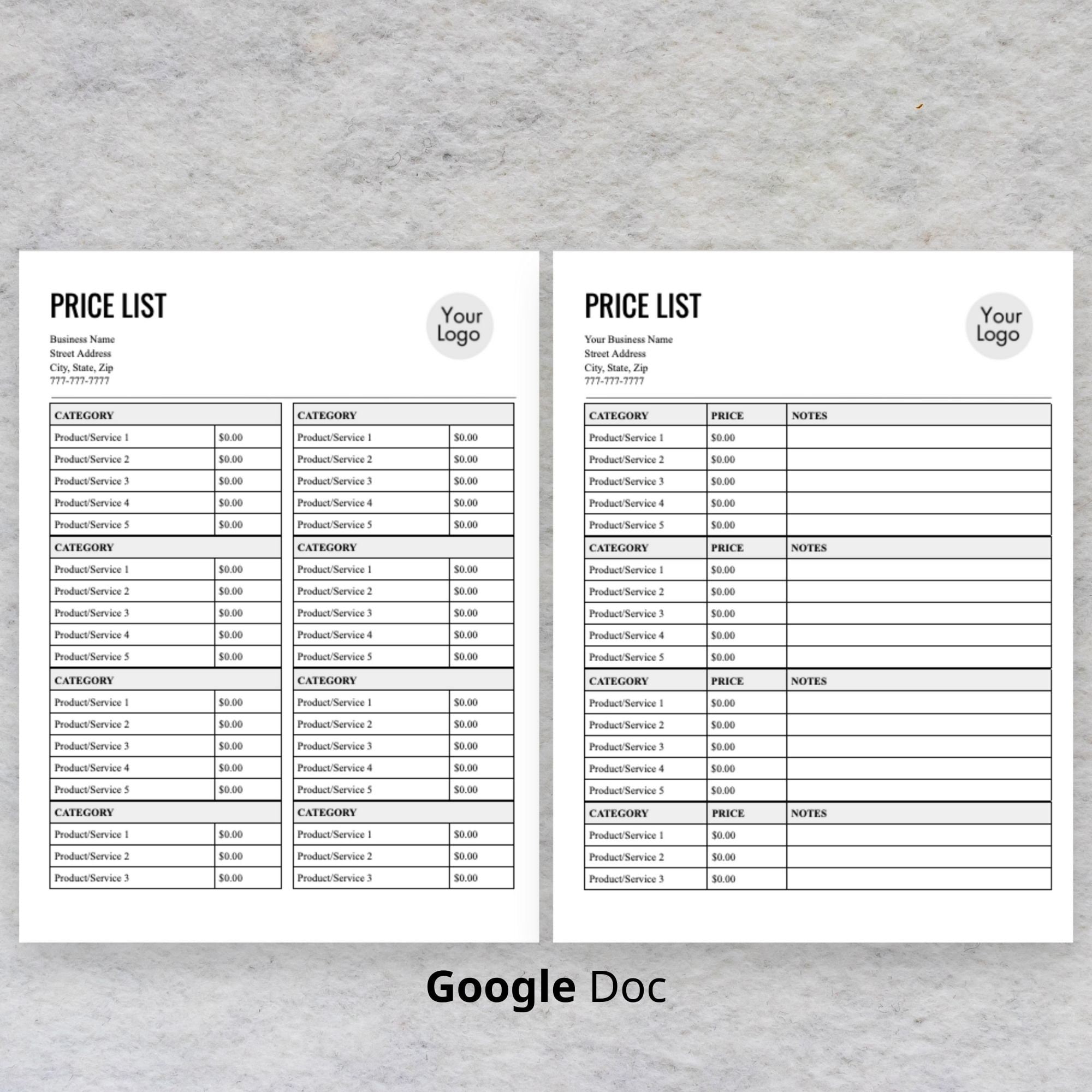 Product Price List Template