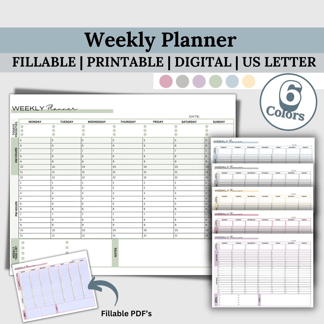 Weekly Hourly Planner Fillable PDF, Weekly Schedule, to Do List ...