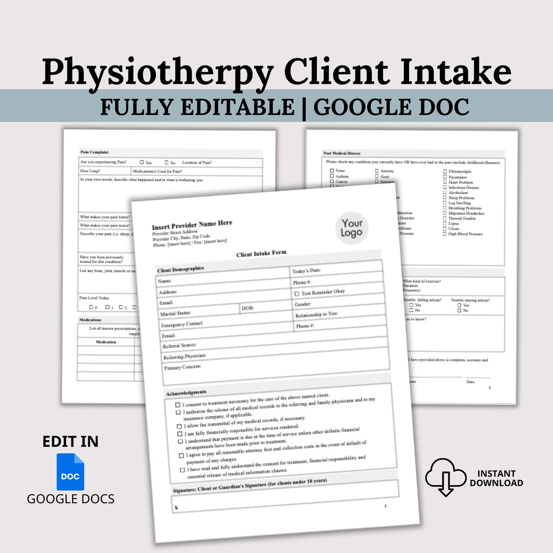Physiotherapy Client Intake Form, Printable Patient Intake Form ...