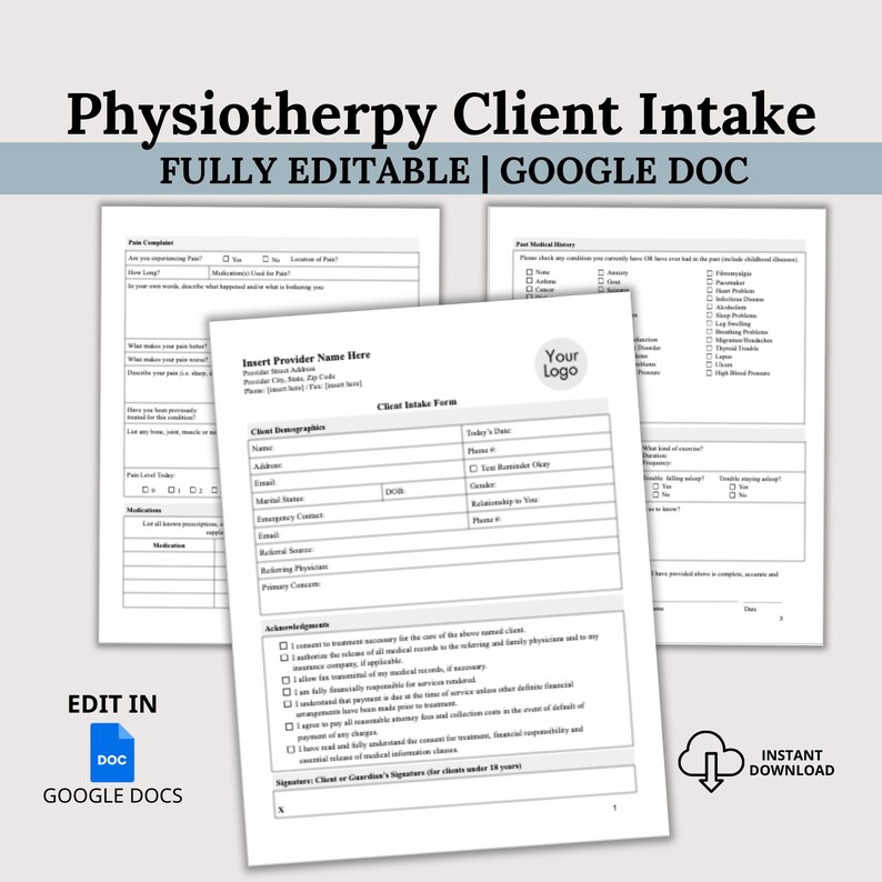Physiotherapy Client Intake Form, Printable Patient Intake Form ...