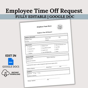 EDITABLE Employee Time off Request Form, Vacation Request Form, Request ...