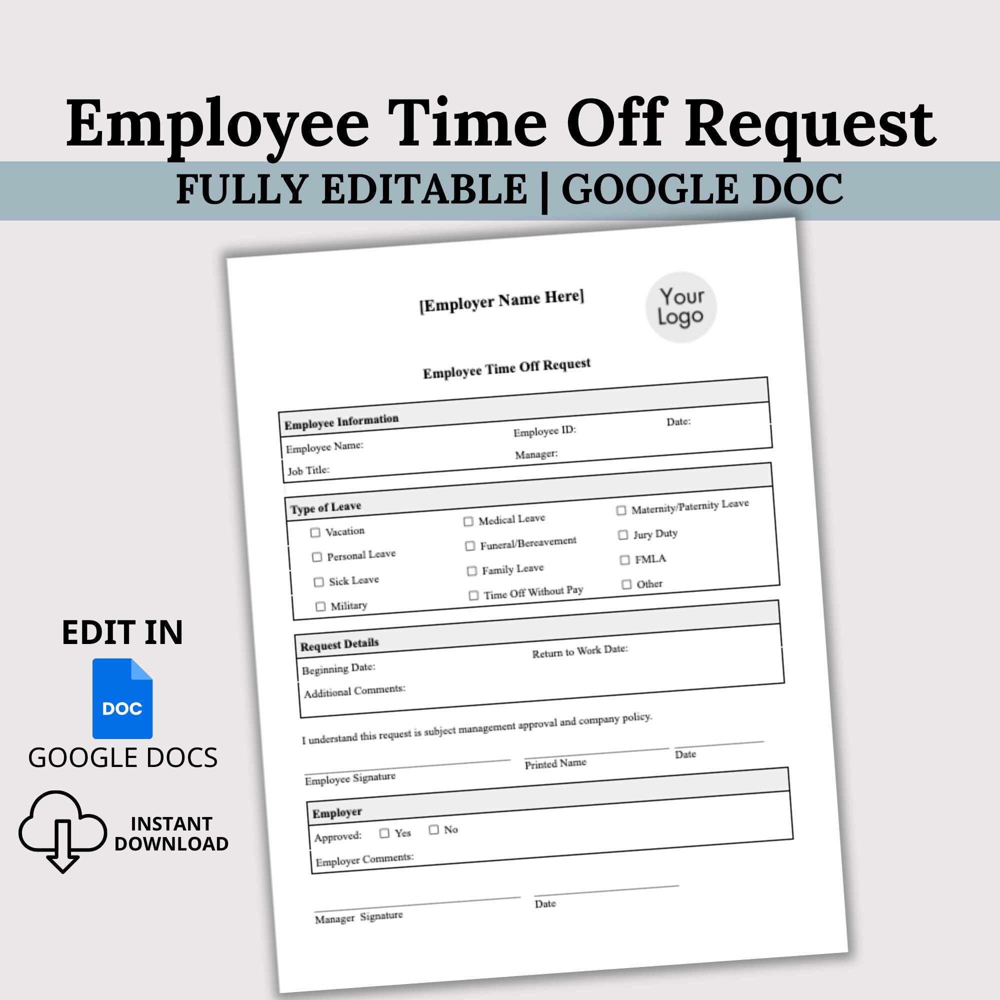 EDITABLE Employee Time off Request Form, Vacation Request Form, Request ...