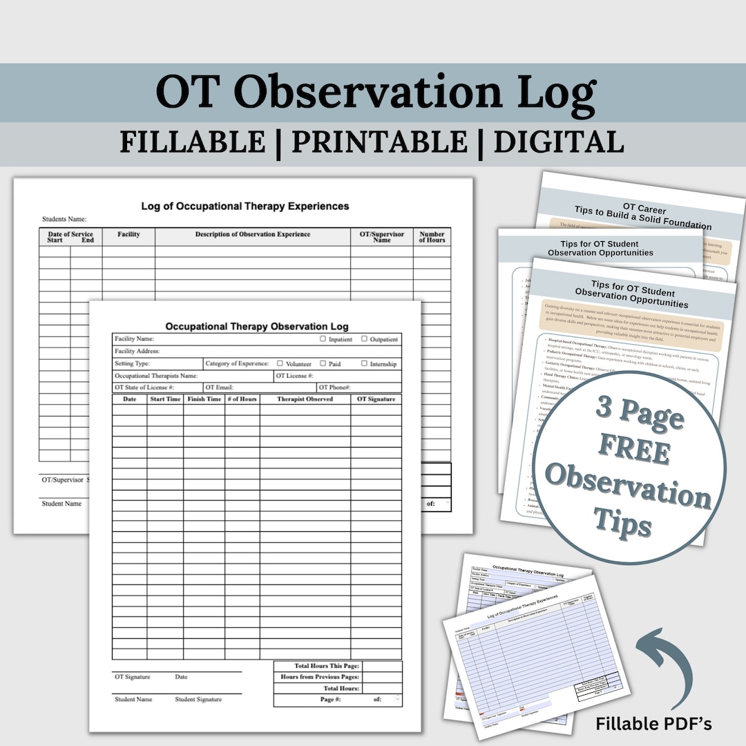 Occupational Therapy Observation Logs, Logs for OT and COTA Pre-ot ...