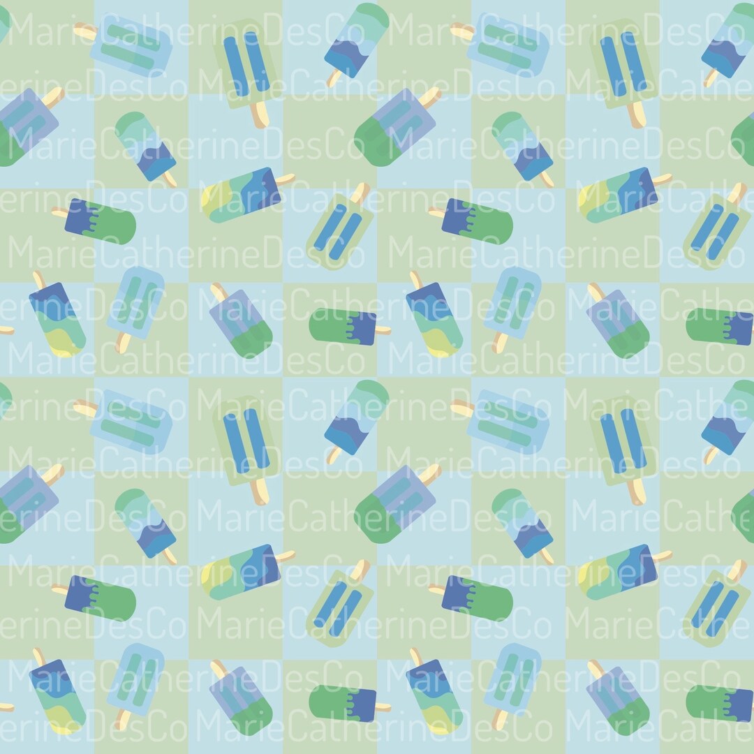 Blue and Green Checkered Hand Drawn Popsicles Seamless Repeating ...