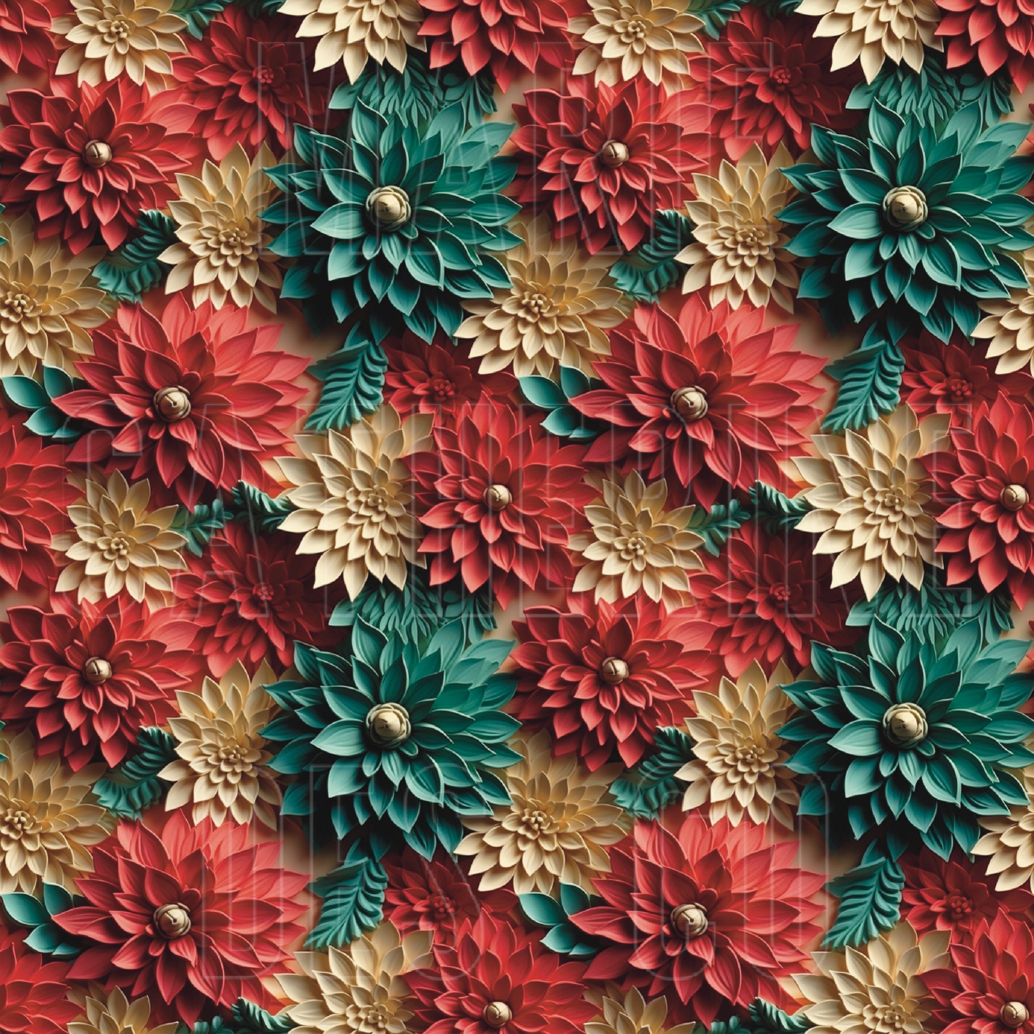 Christmas Red & Green 3D Floral Seamless Repeating Pattern - Etsy