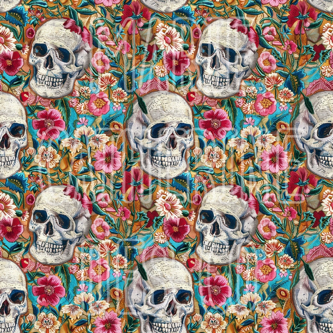 Embroidered Pink and Blue Floral Skulls Halloween Seamless Repeating ...