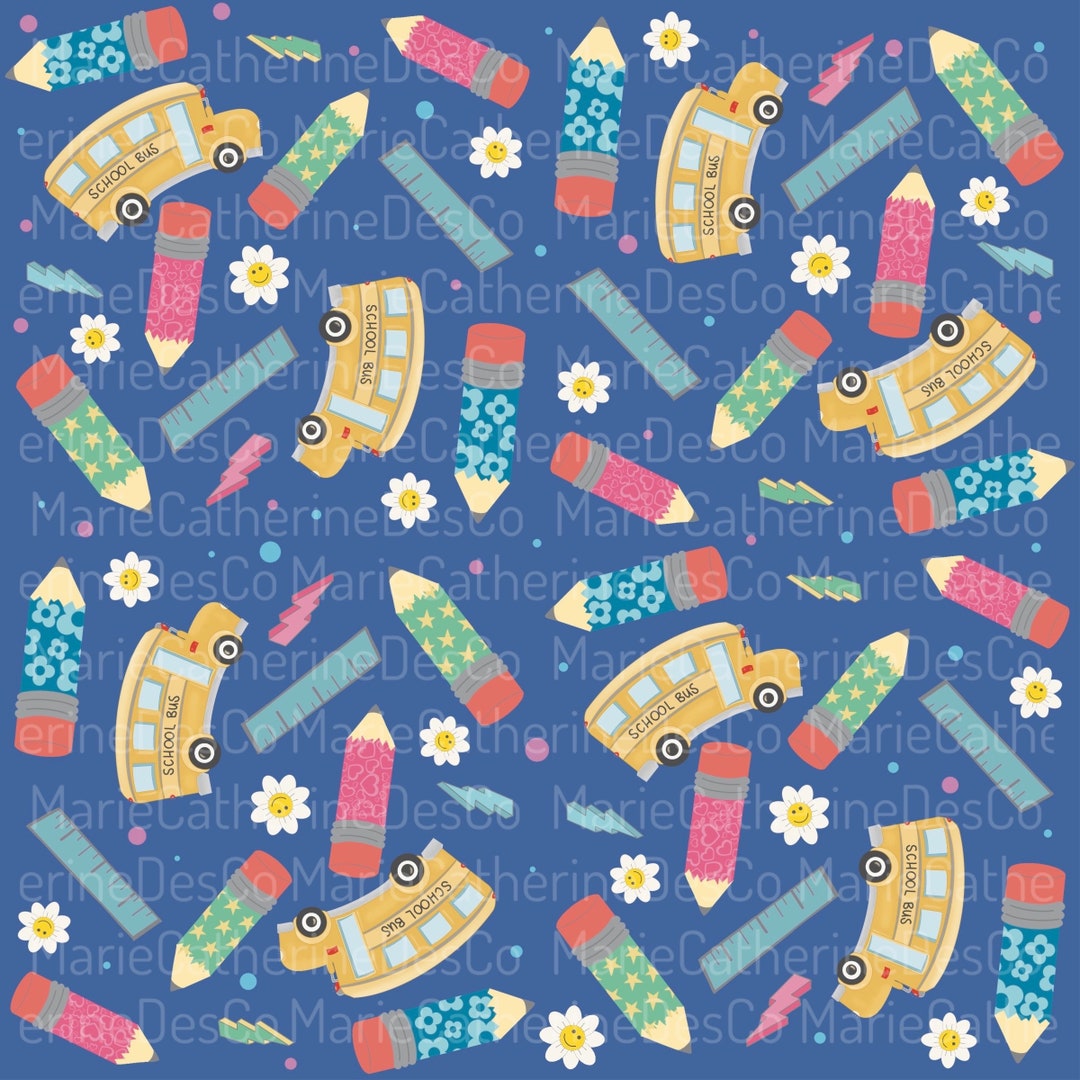 Hand Drawn Back to School Buses and Supplies Seamless Repeating Pattern ...